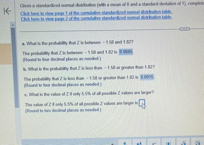 Solved Given a standardized normal distribution (with a mean | Chegg.com