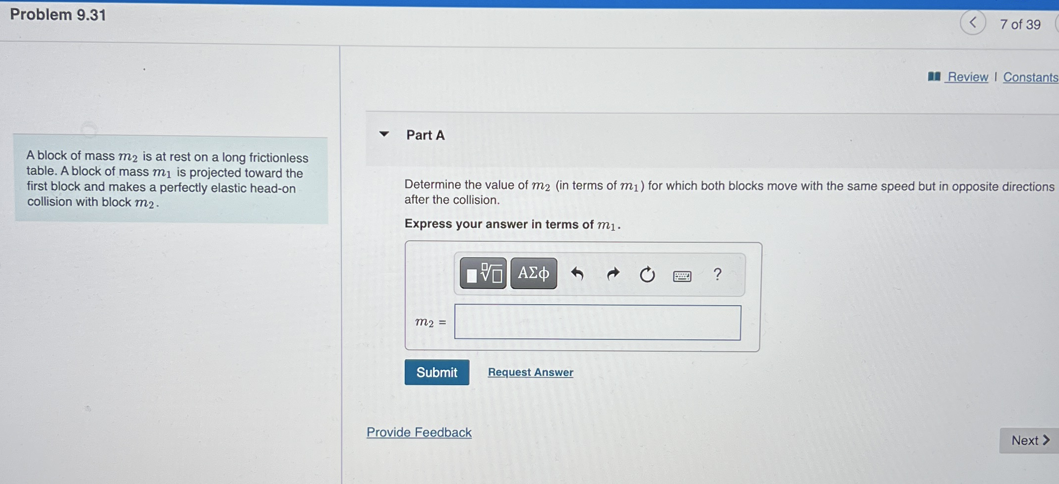 Solved Problem 9.317 ﻿of 39Review I ConstantsA block of mass | Chegg.com