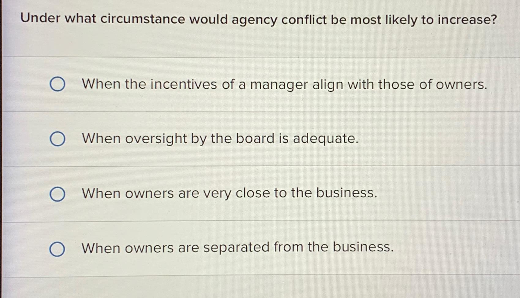 Solved Under what circumstance would agency conflict be most | Chegg.com