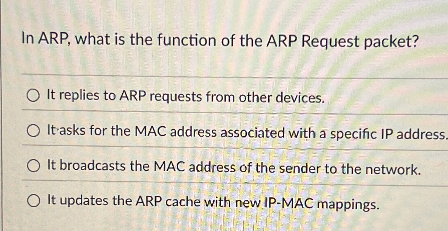 Solved In ARP, what is the function of the ARP Request | Chegg.com