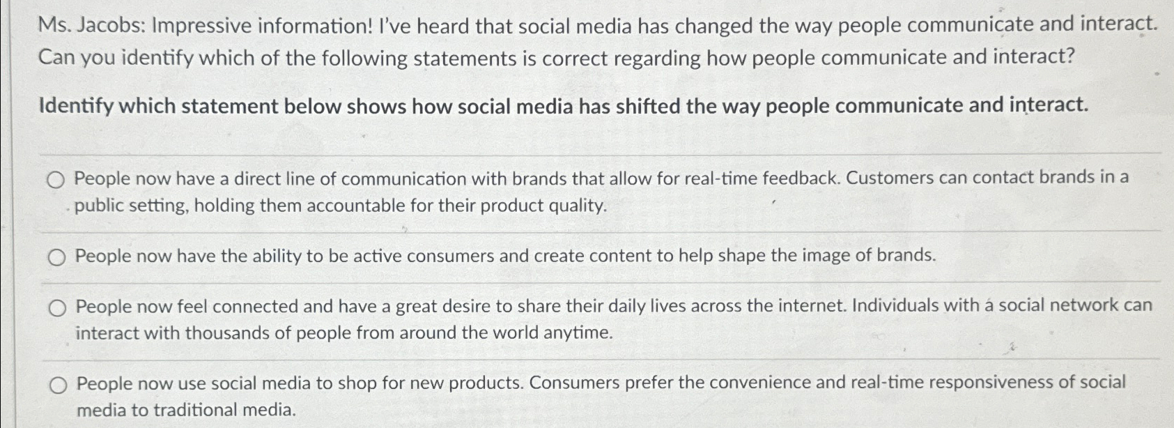 Solved Ms. ﻿Jacobs: Impressive information! I've heard that | Chegg.com