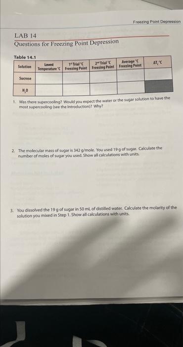 Solved LAB 14: FREEZING POINT DEPRESSION Goals 1. Observe | Chegg.com