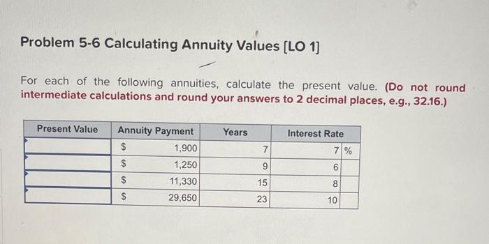 Solved Problem 5-6 Calculating Annuity Values [LO 1] For | Chegg.com
