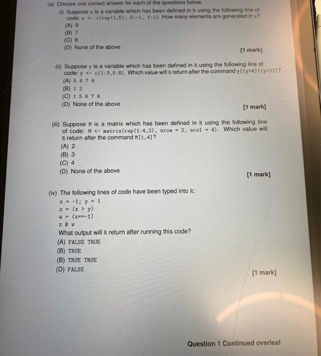 Solved (a) Choose one correct answer for each of the | Chegg.com