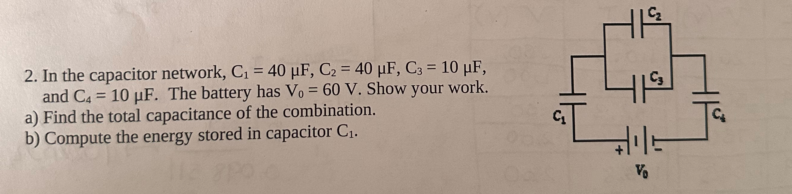 Solved In the capacitor network, C1=40μF,C2=40μF,C3=10μF, | Chegg.com