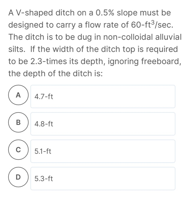Solved A V-shaped ditch on a 0.5% slope must be designed to | Chegg.com