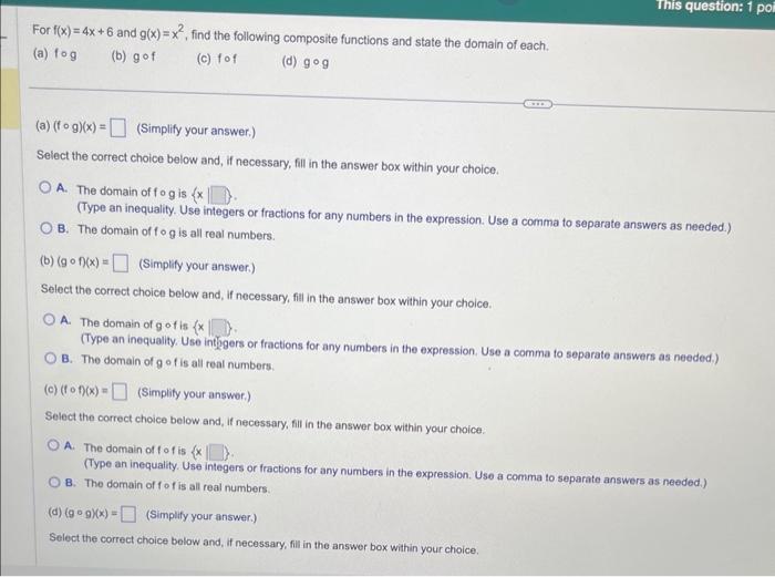 Solved For f(x)=4x+6 and g(x)=x2, find the following | Chegg.com