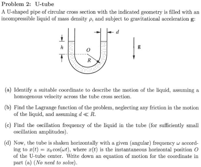 Solved Problem 2: U-tube A U-shaped pipe of circular cross | Chegg.com