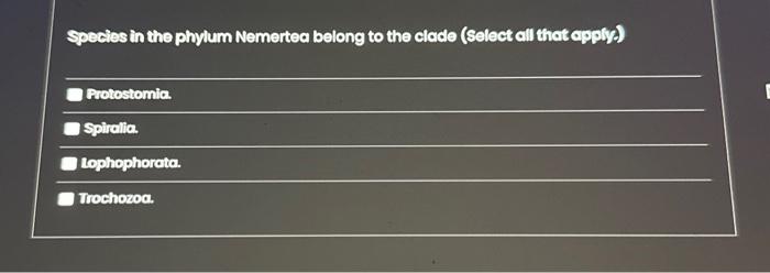 Solved Species in the phylum Nemertea belong to the clade | Chegg.com