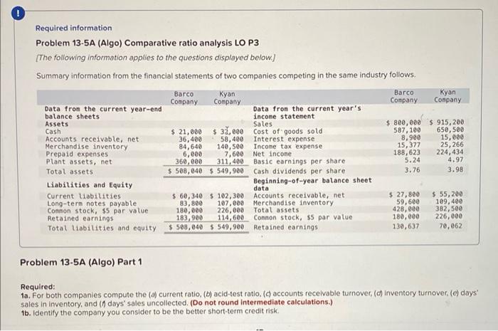 Solved Required information Problem 13-5A (Algo) Comparative | Chegg.com