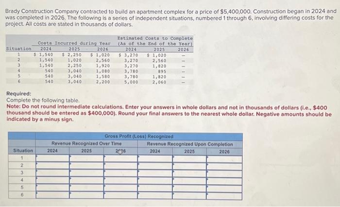 Solved Brady Construction Company contracted to build an | Chegg.com
