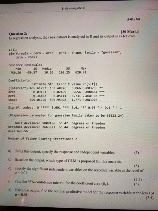 Solved elearning.dbs.ie B9DA101 Question 2: [30 Marks) In | Chegg.com