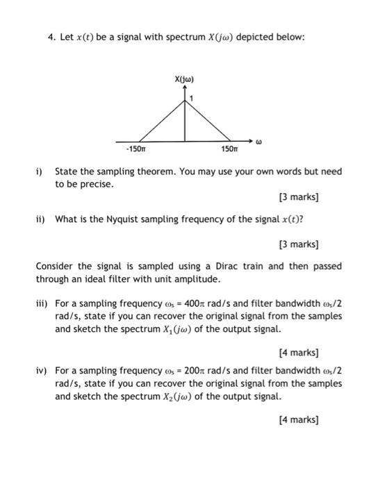 Solved 4. Let x(t) be a signal with spectrum X(jω) depicted | Chegg.com