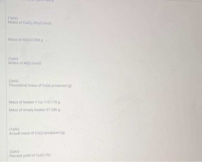 Solved (1pts) Moles of CuCl2⋅2H2O(mol) Mass of Al(s):0.250 g | Chegg.com