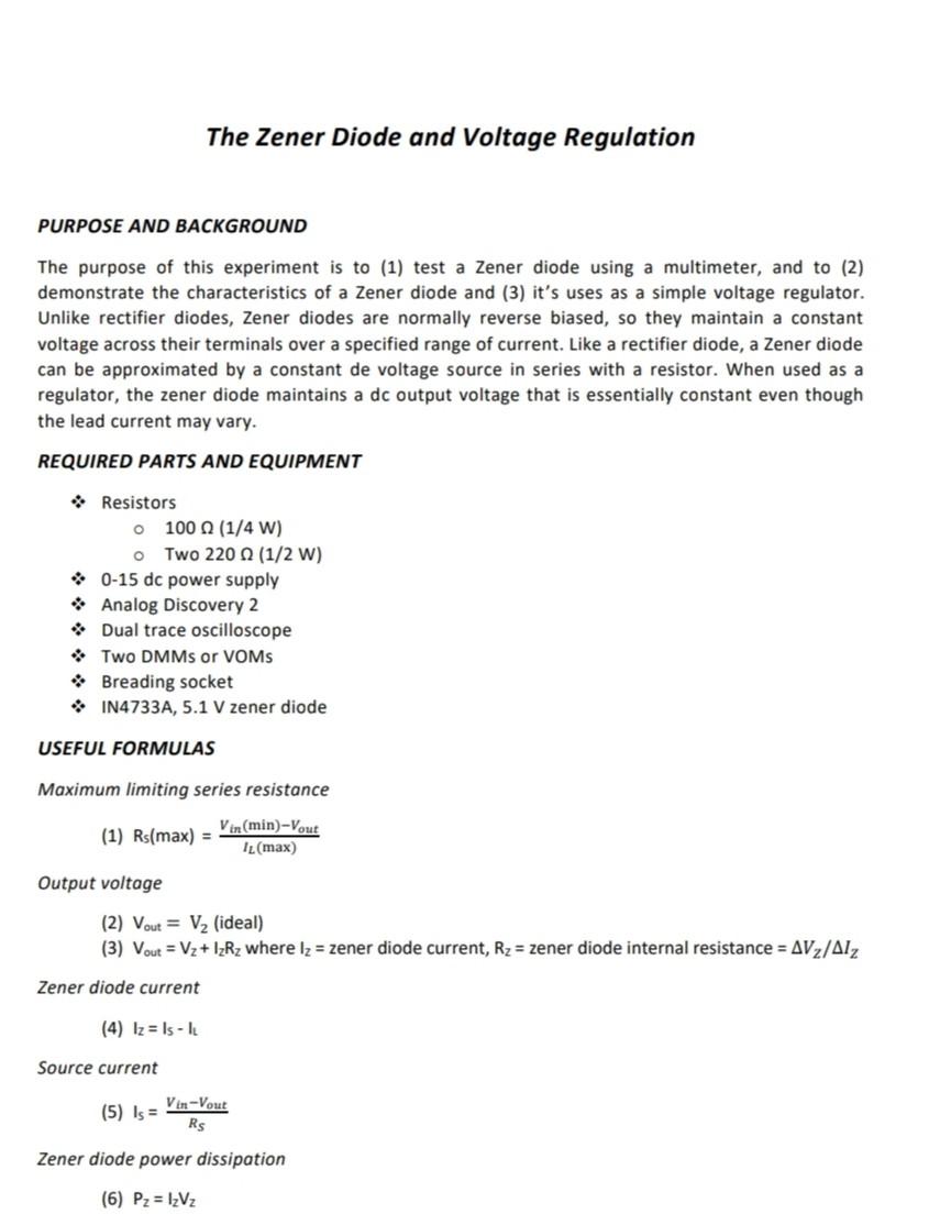 Solved The Zener Diode and Voltage Regulation PURPOSE AND | Chegg.com