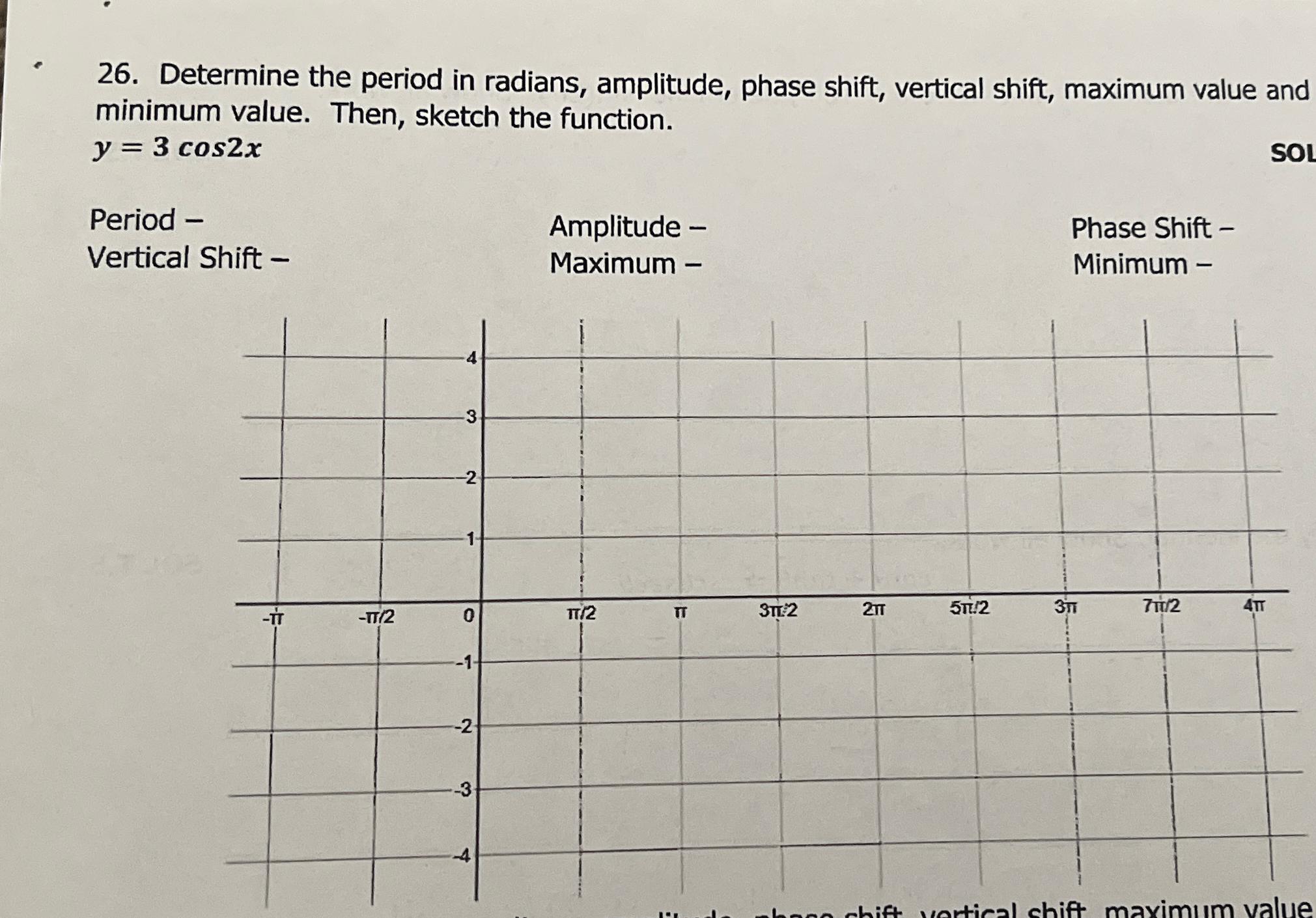 Solved Determine the period in radians, amplitude, phase | Chegg.com