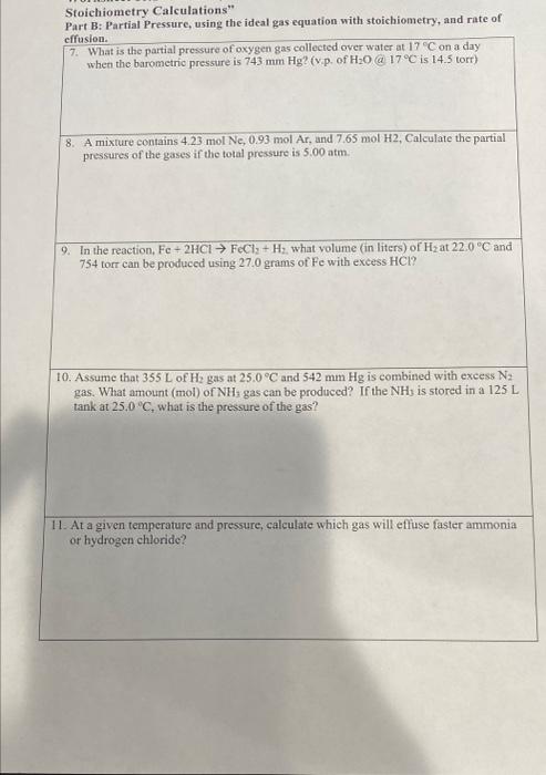 Solved Stoichiometry Calculations" Part B: Partial Pressure, | Chegg.com