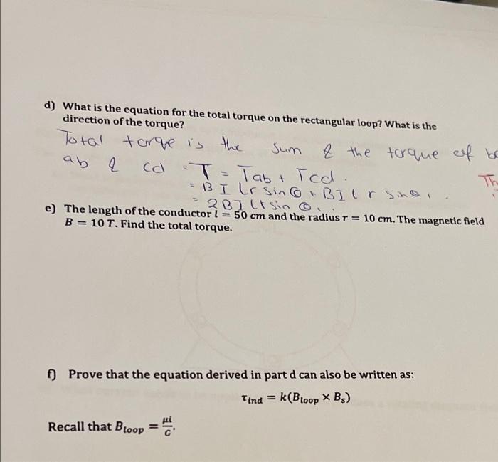 Solved d) What is the equation for the total torque on the | Chegg.com