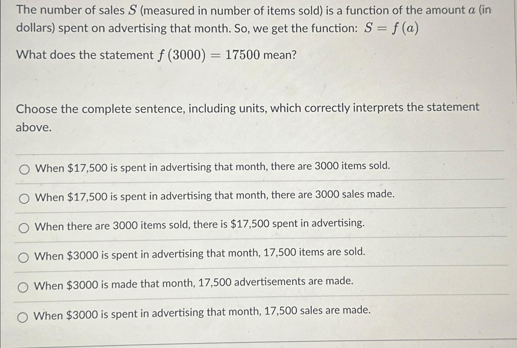 Solved The number of sales S (measured in number of items | Chegg.com