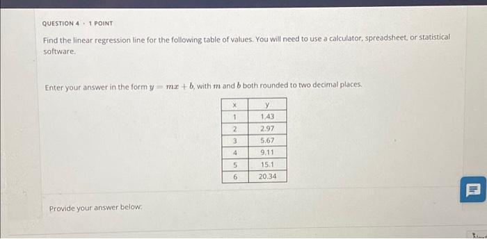 Solved QUESTION 4 - 1 POINT Find the linear regression line | Chegg.com