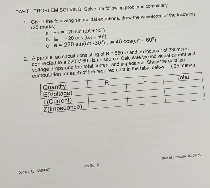 PART I PROBLEM SOLVING: Solve the following problems | Chegg.com