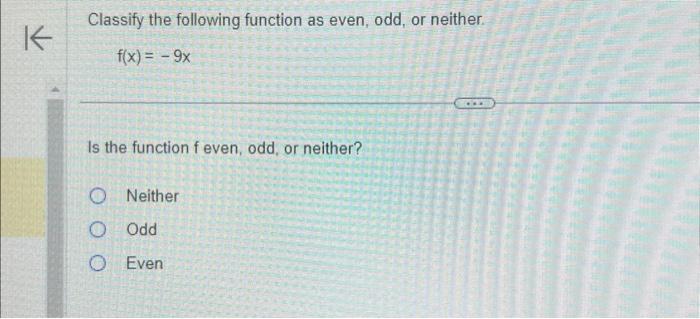 Solved Classify the following function as even, odd, or | Chegg.com