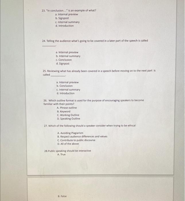 23. "In conclusion..." is an example of what? a. | Chegg.com