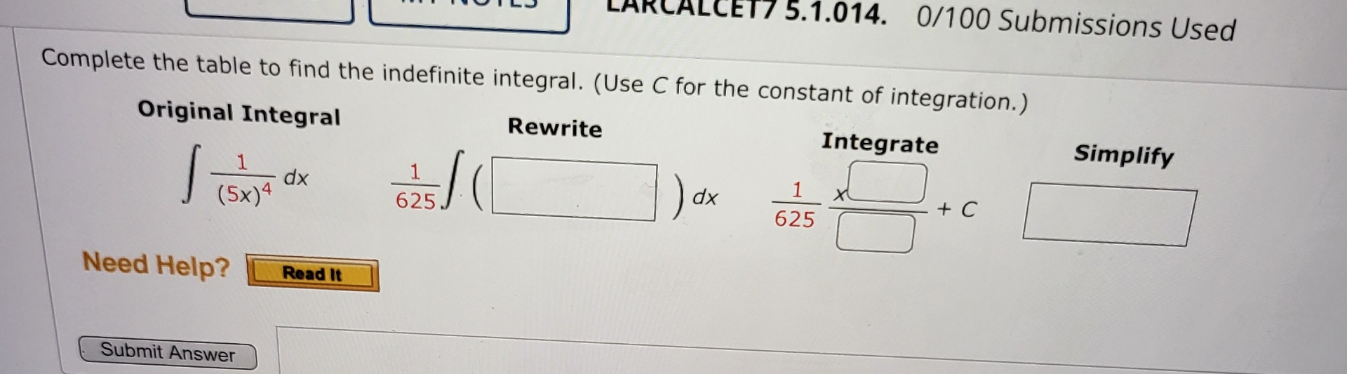 Solved Complete the table to find the indefinite integral. | Chegg.com