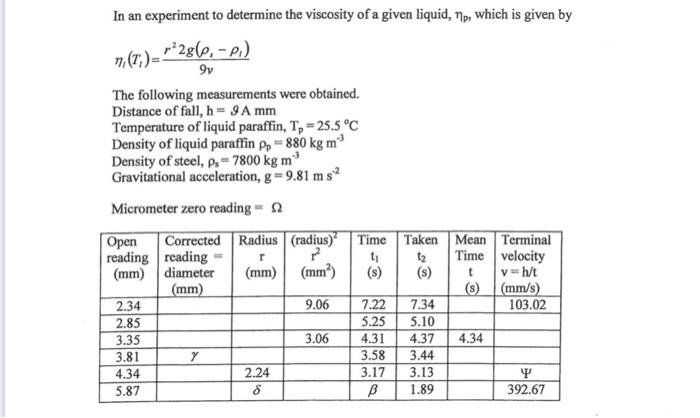 Solved In an experiment to determine the viscosity of a | Chegg.com