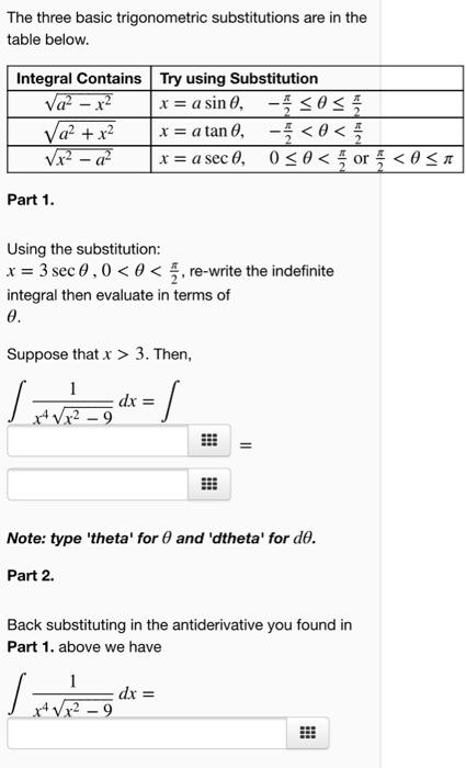 Solved The three basic trigonometric substitutions are in | Chegg.com