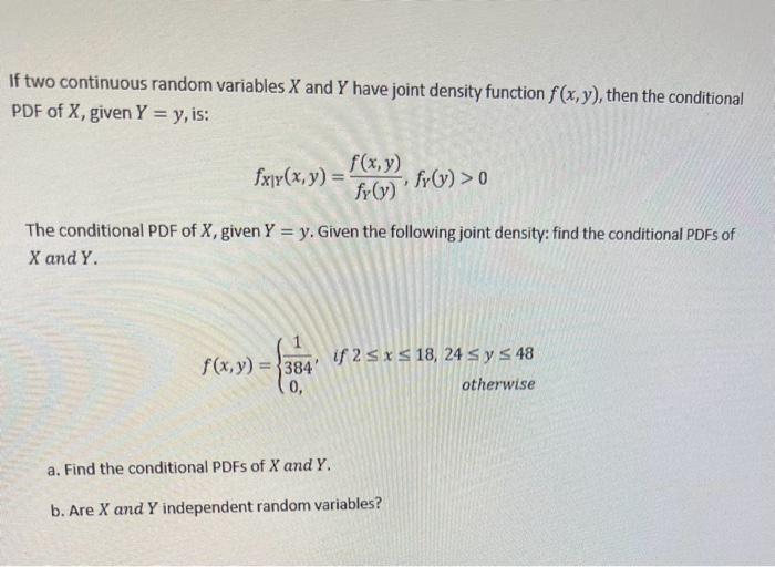 Solved If two continuous random variables X and Y have joint | Chegg.com