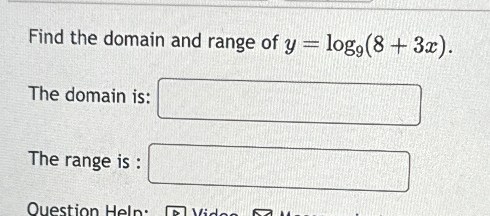 Solved Find the domain and range of y=log9(8+3x).The domain | Chegg.com