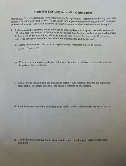 Solved Math 030: Lab Assignment #9 - Optimization | Chegg.com