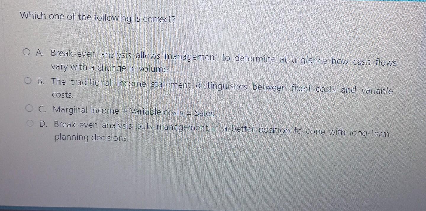 Solved Which one of the following is correct? A. Break-even | Chegg.com