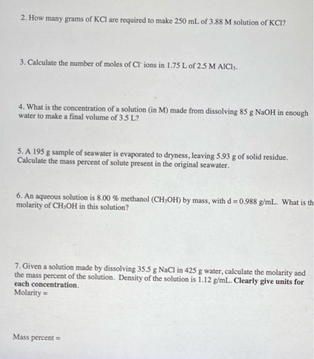 Solved 2. How many grams of KCl are required to make 250 mL | Chegg.com