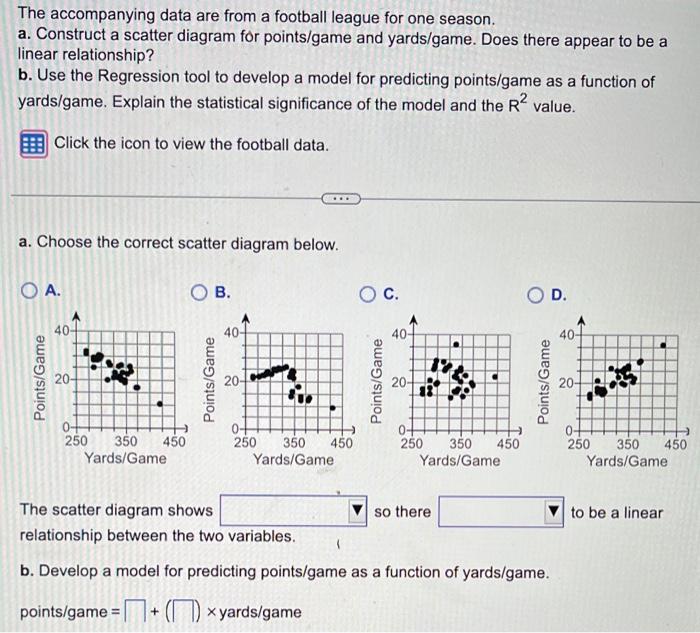 Solved The accompanying data are from a football league for | Chegg.com