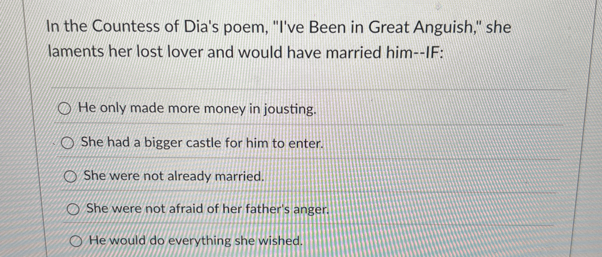 Solved In the Countess of Dia's poem, "I've Been in Great | Chegg.com