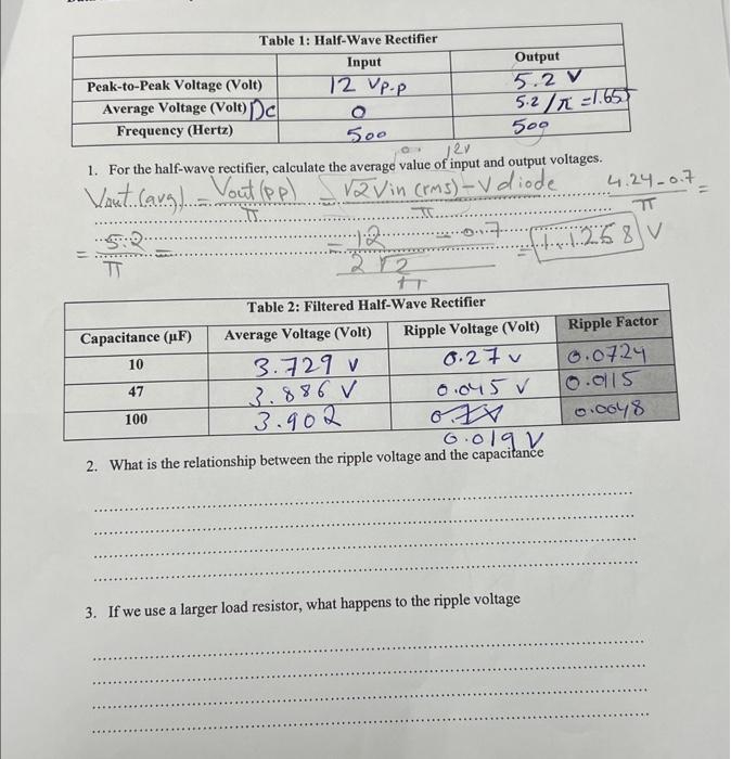 Solved 1 Fint the half-wave rectifier calculate the average | Chegg.com