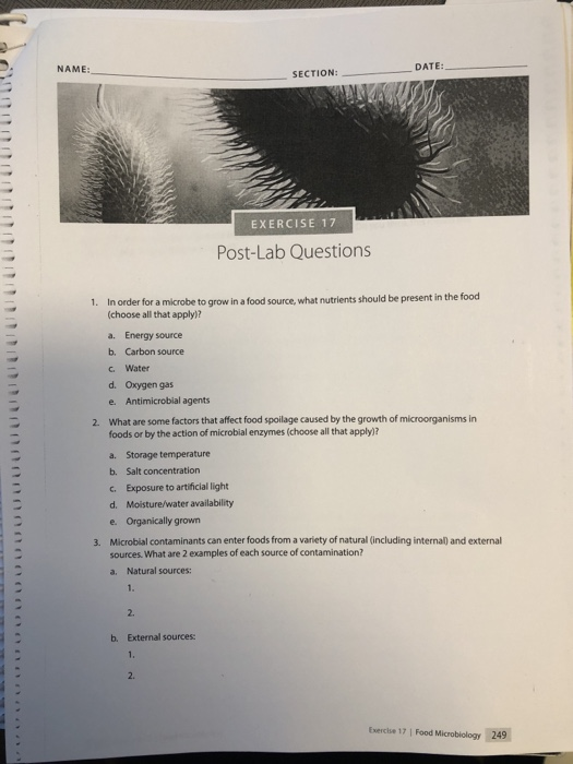 Solved NAME DATE: SECTION: EXERCISE 17 Post-Lab Questions | Chegg.com
