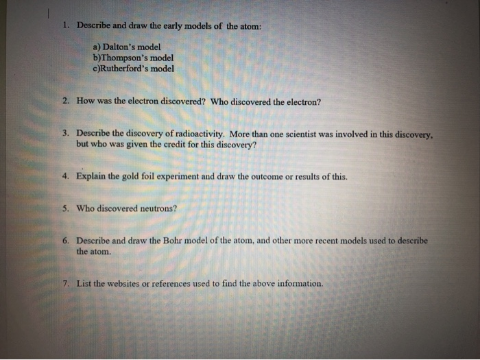 Solved 1) describe and draw the early models of the atom: | Chegg.com