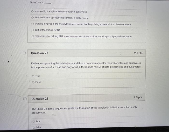 Solved Introns are O removed by the spliceosome complex in | Chegg.com
