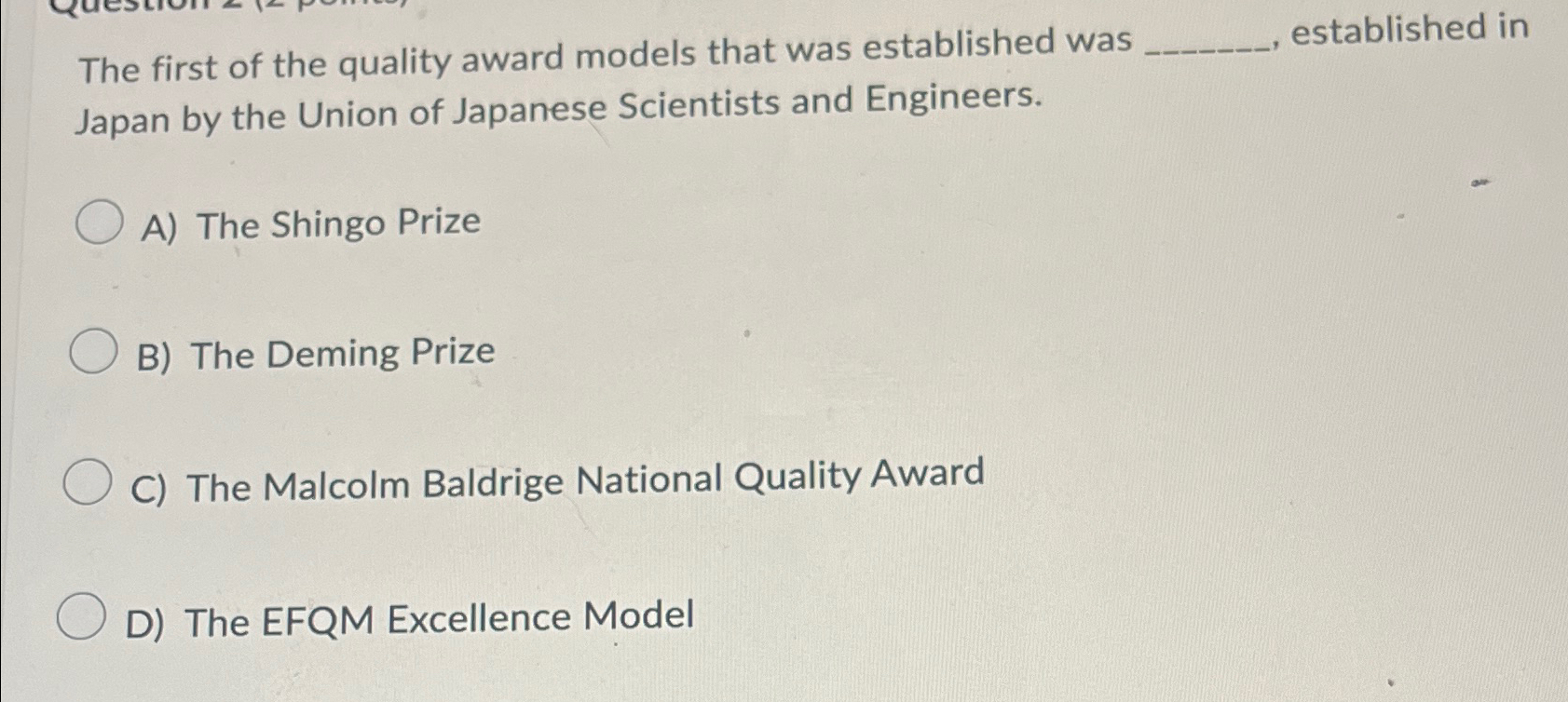 Solved The first of the quality award models that was | Chegg.com