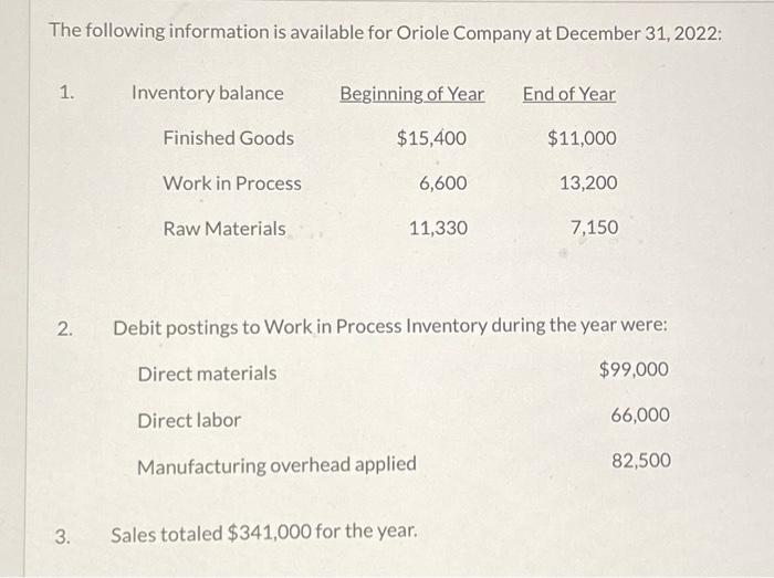 Solved The following information is available for Oriole | Chegg.com