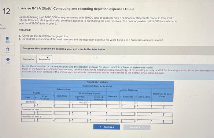 Solved 12 5 points eBook 103 Hint Ask Exercise 8-19A | Chegg.com