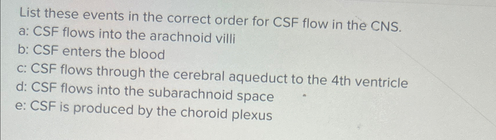 Solved List these events in the correct order for CSF flow | Chegg.com