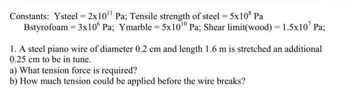 Solved Constants: Ysteel =2×1011 Pa; Tensile strength of | Chegg.com