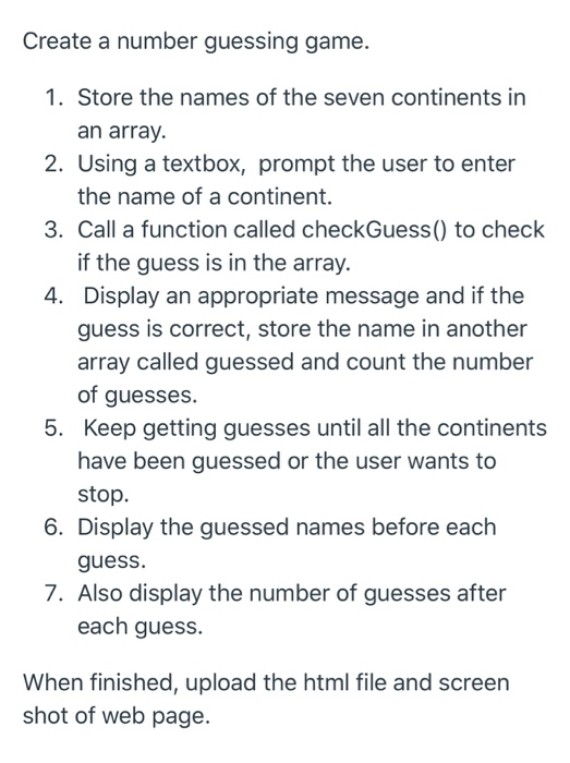 Solved Use Javascripting Create Number Guessing Game Store Names Seven Continents Array