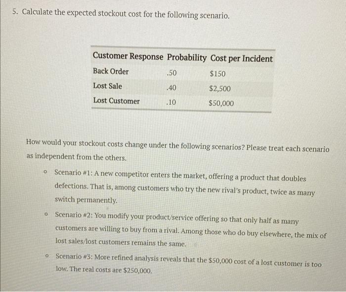 Solved 5. Calculate the expected stockout cost for the | Chegg.com