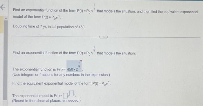 Solved Find an exponential function of the form P(t)=P0nTt | Chegg.com