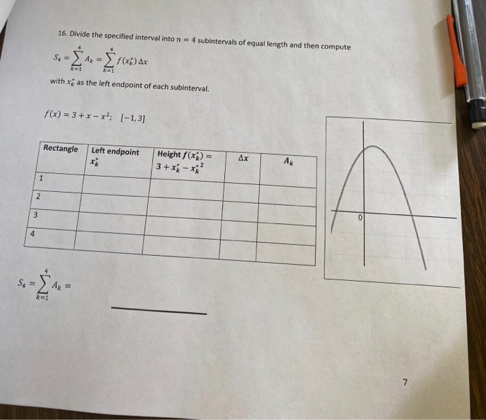 Solved 16. Divide the specified interval into n = 4 | Chegg.com